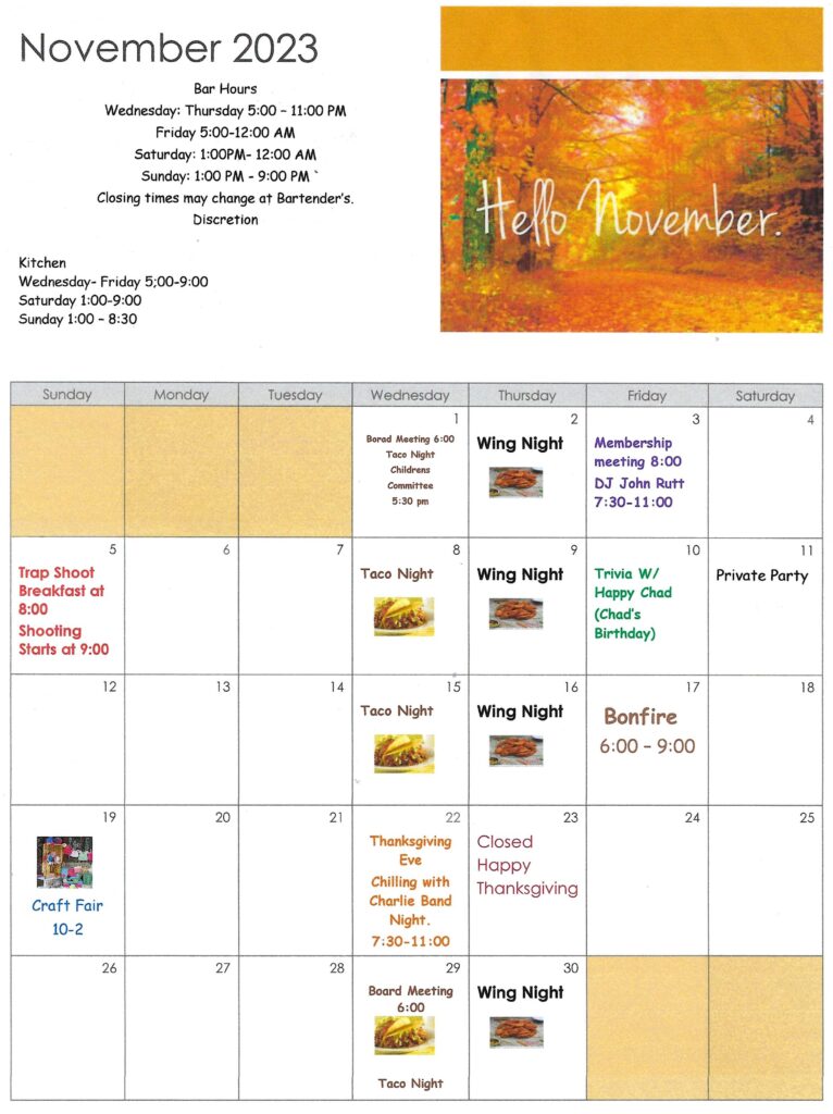 November 2023 Calendar – Updated – Sleepy Hollow AC