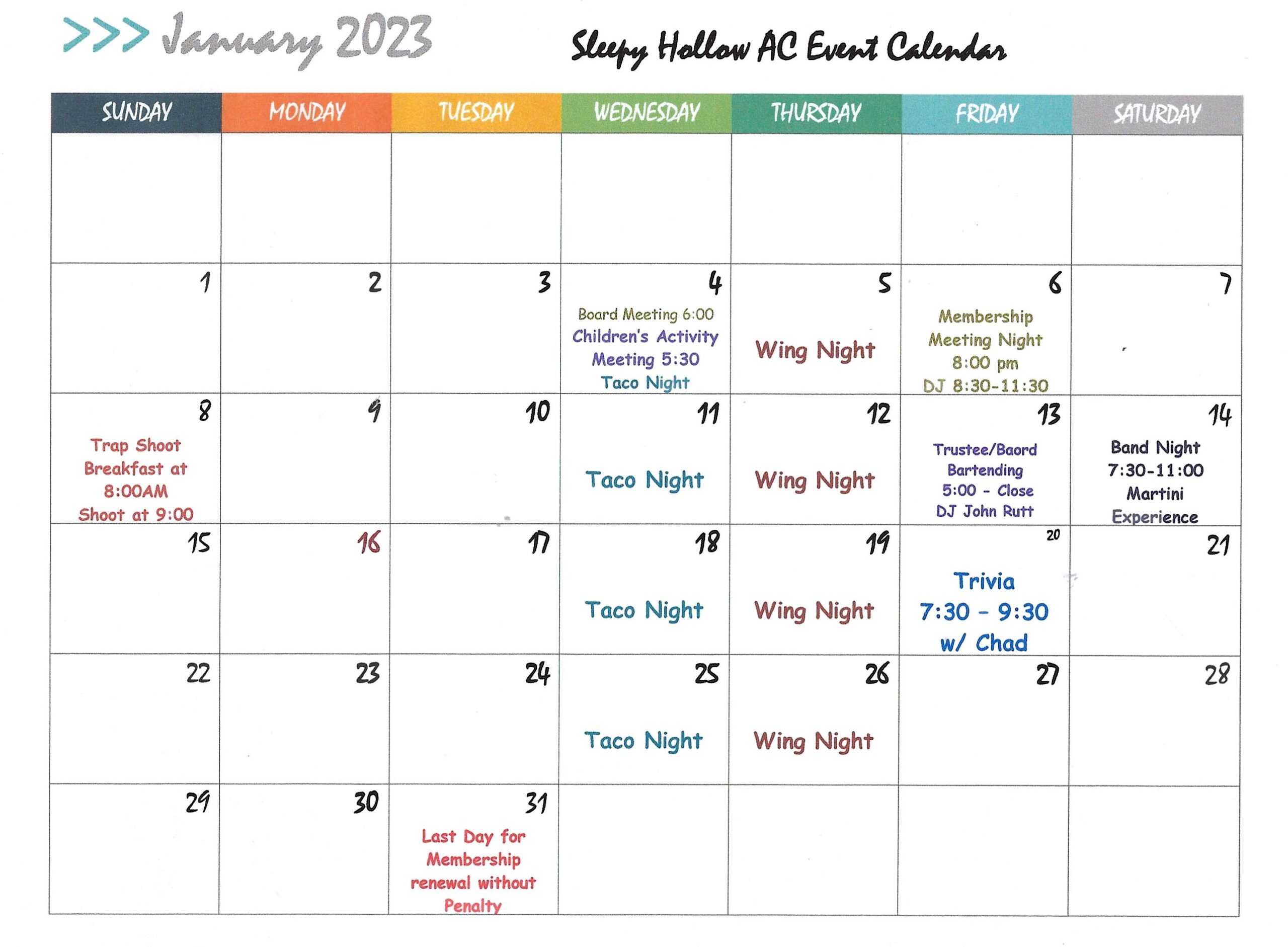 January 2023 Calendar – Sleepy Hollow AC
