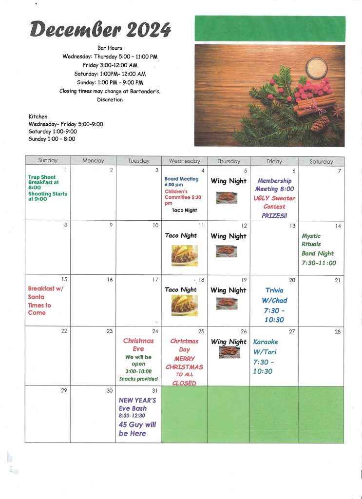 December 2024 Calendar – Updated – Sleepy Hollow AC